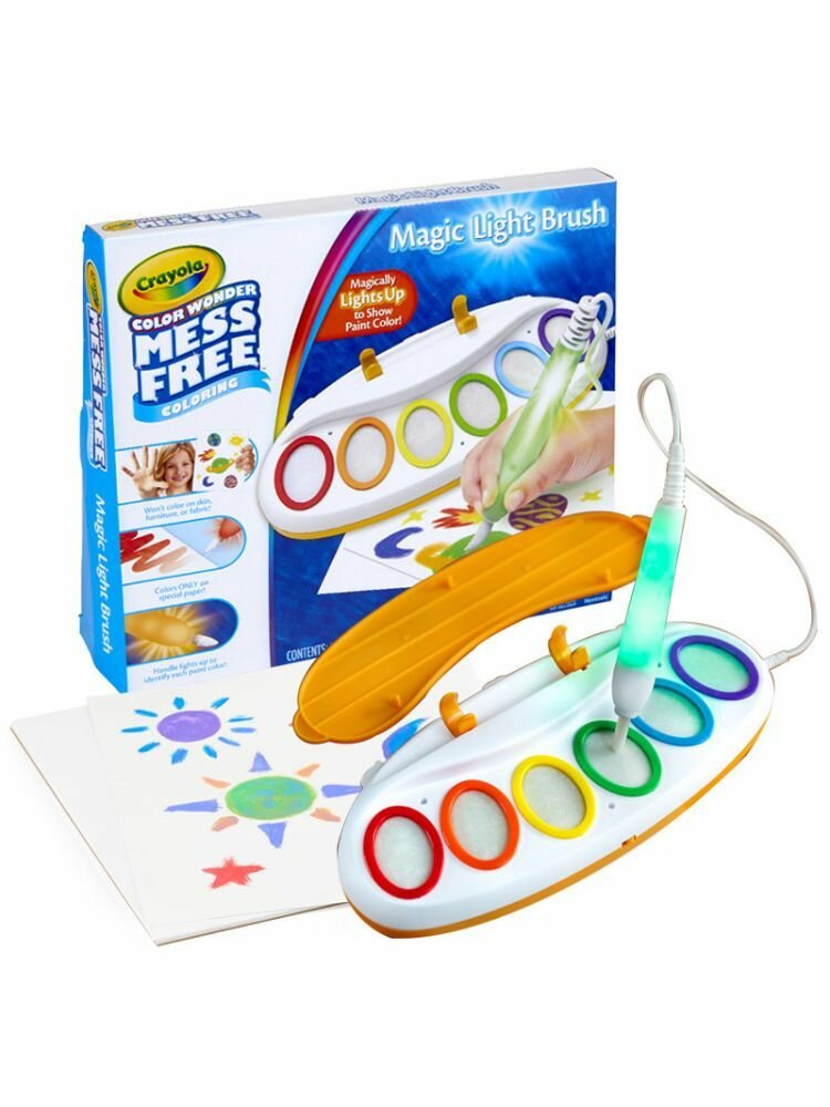 Набор для рисования Color Wonder, светящаяся кисть magic light, 6 пигментов без высыхания и 18 листов спец-бумаги детский набор краски не пачкаются, для детей 3+