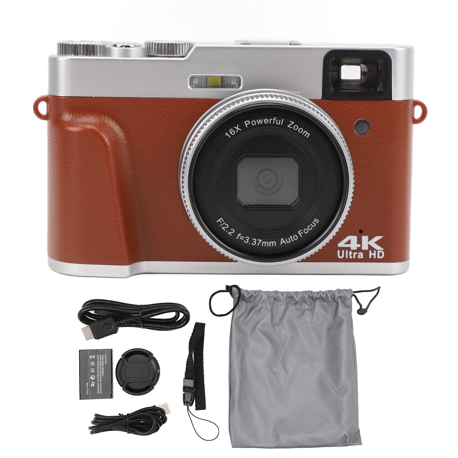 4K Digital Camera 48MP 16 X Optical Zoom 2.8 Inch IPS Screen Anti Shake Auto Focus Travel Video for Adults Kids Brown