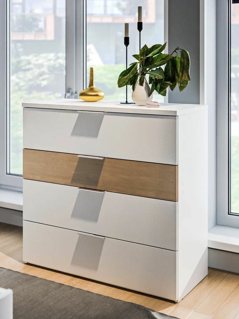 Комод столплит Мальта СБ-3296 с 4 ящиками, торцевыми ручками, ЛДСП Белый, Дуб Гамильтон/МДФ Белый 90х87х40 см