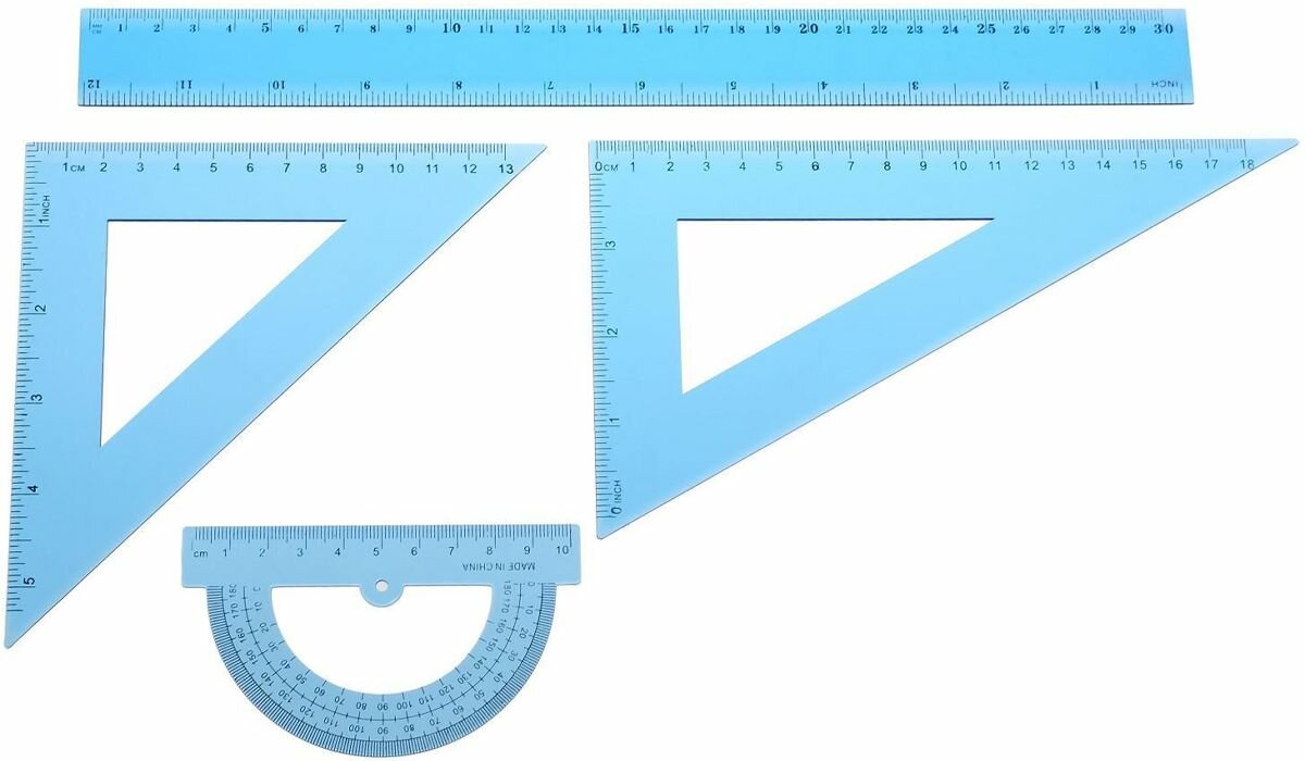 Набор пластиковый чертежный: линейка 30 см, 2 треугольниа и транспортир, комплект линеек прозрачный из 4 предметов, микс