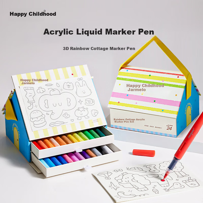 Маркеры акриловые прямого действия Meiletongnian Rainbow House 24 цвета для детей 4-8 лет Цвет：Маркеры акриловые
