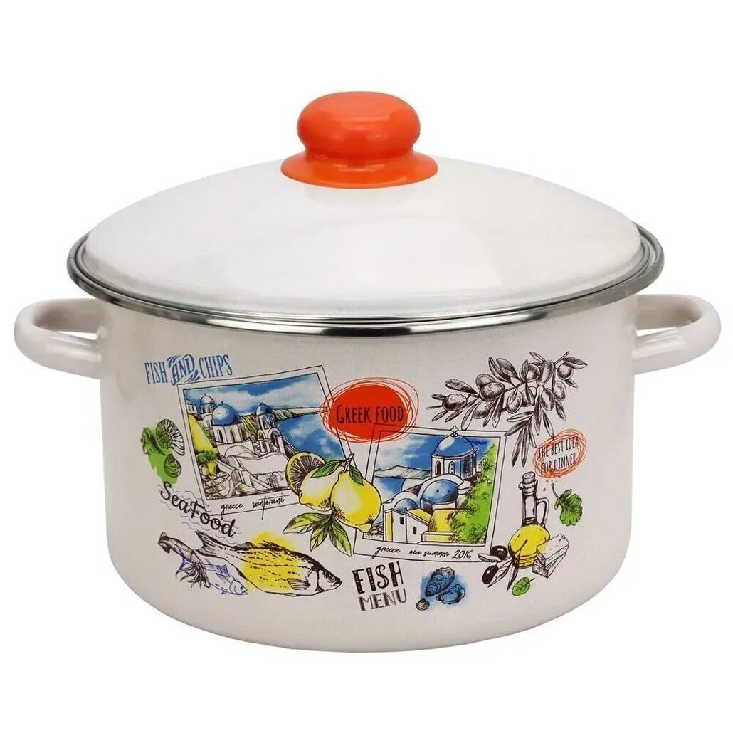 Кастрюля эмалированная «Греческая кухня» 3л, белая с рисунком, металл, крышка