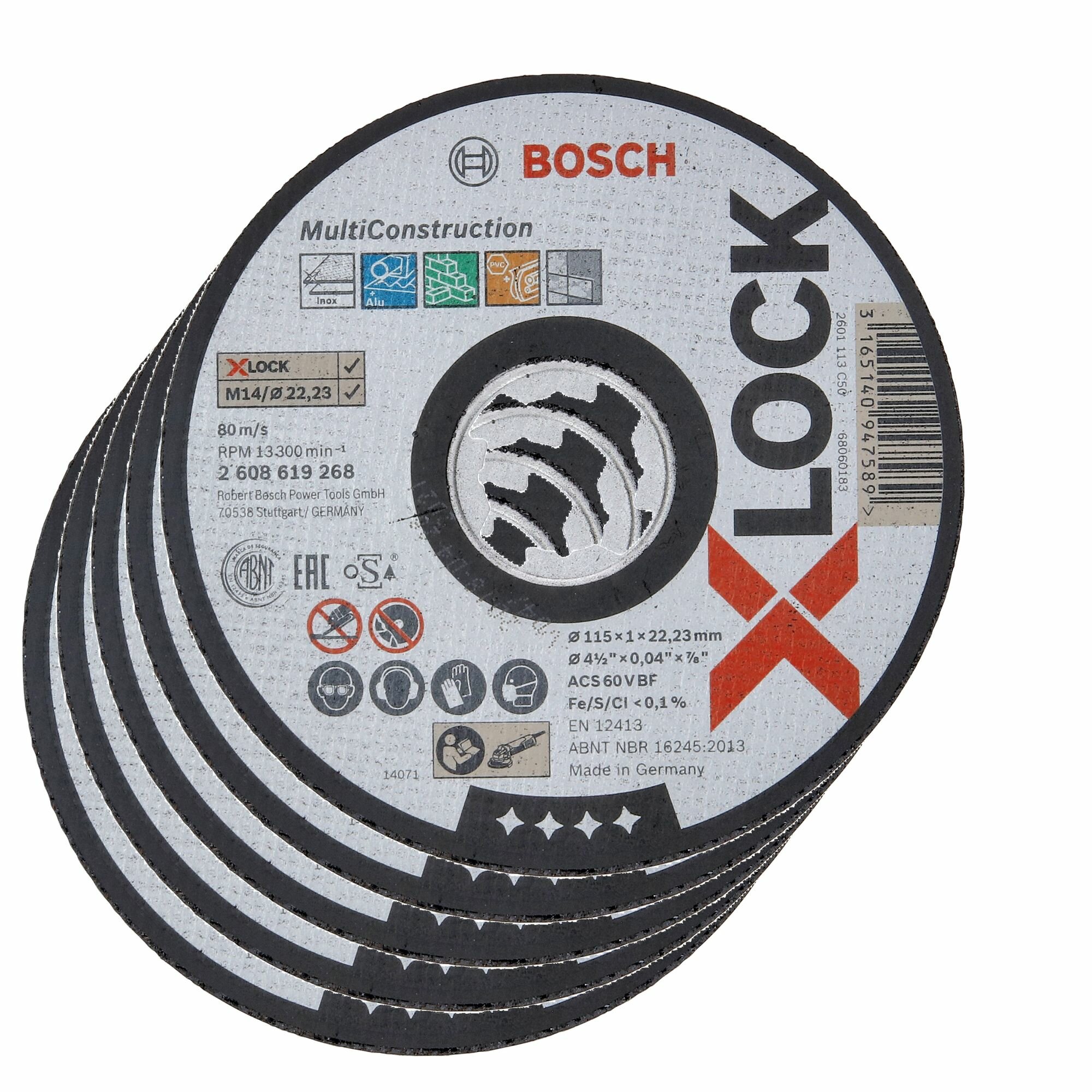 5x Отрезной диск Bocsh X-LOCK Прямой Multi Material ACS 60 V BF 115 x 22.23 x 1мм
