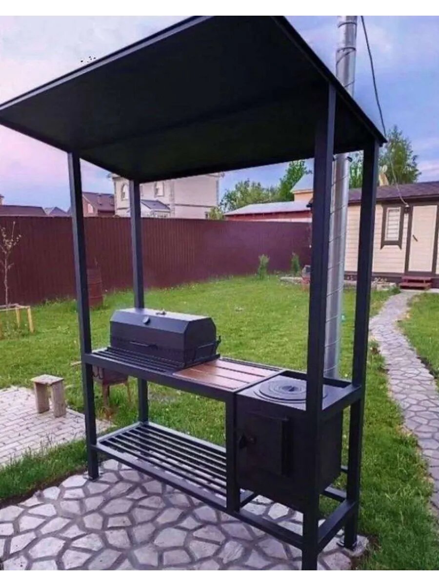 Большой мангал с крышей от дождя для дачи с печкой под казан. Барбекю беседка. Уличный гриль