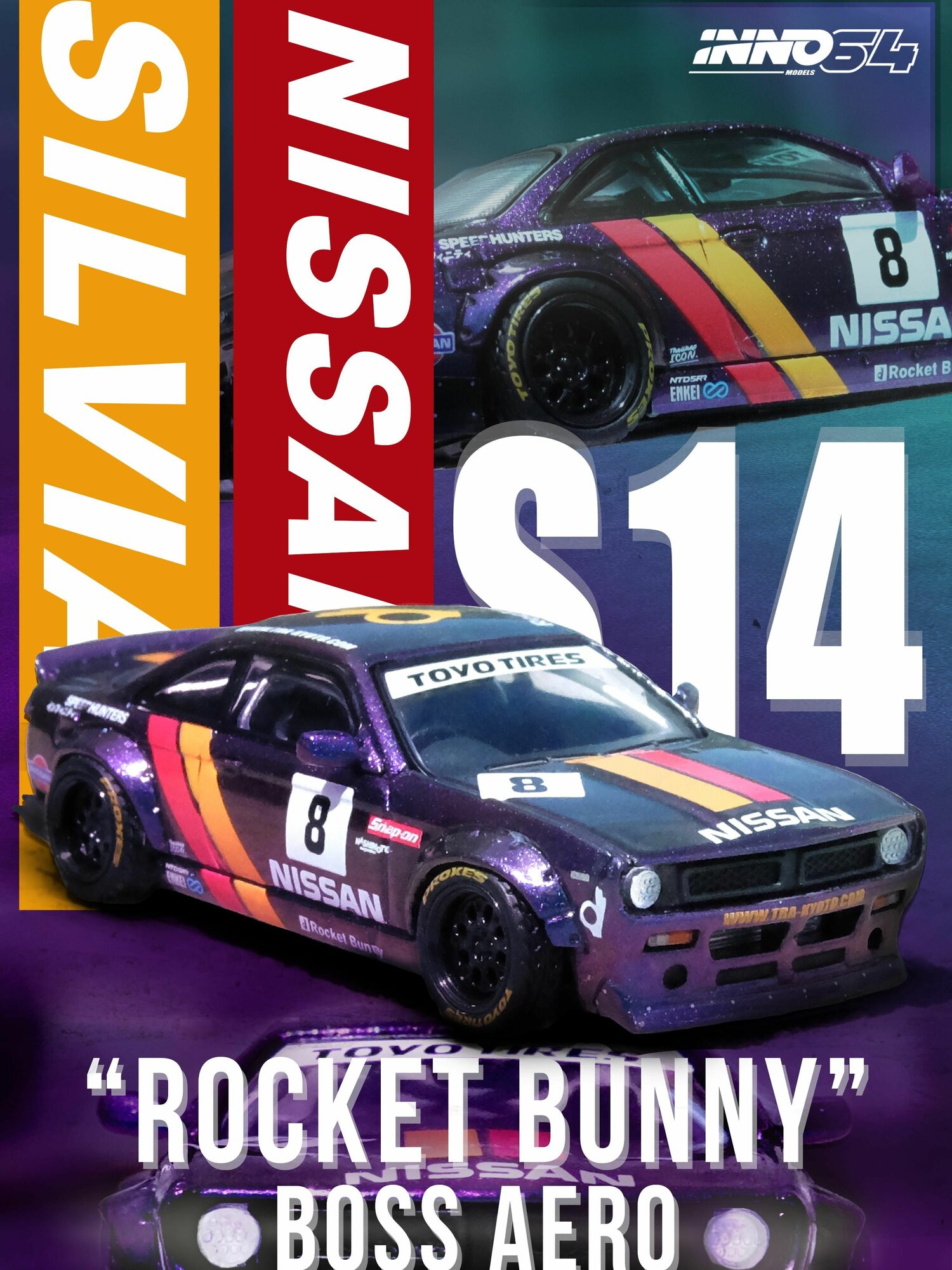 Машинка INNO 1/64 NISSAN SILVIA (S14) BOSS ROCKET BUNNY Purple Die-cast Alloy Model Collection Gift