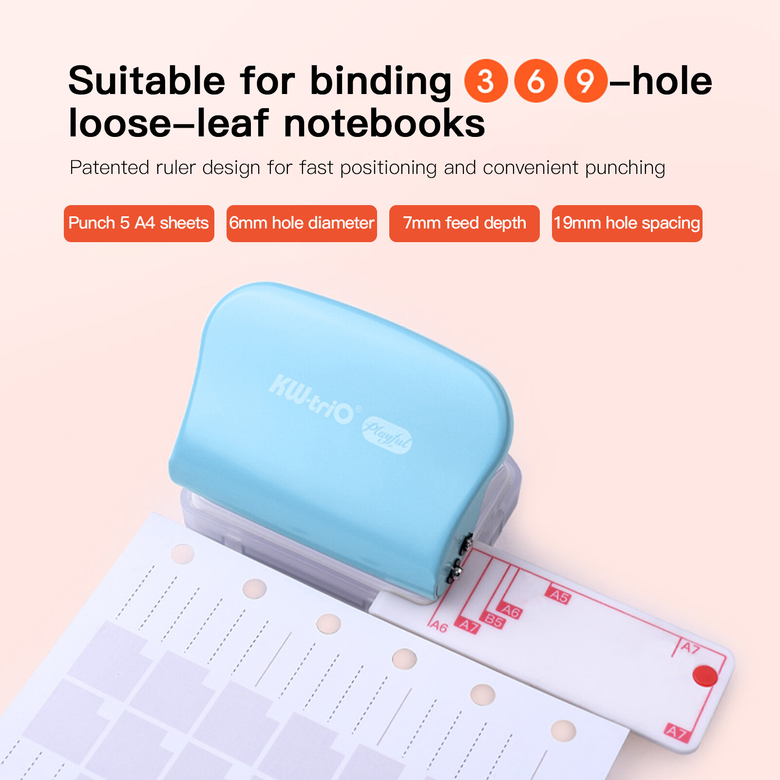 Портативный 3-дырокольный перфоратор KW-trio 99H3, металлический, на 5 листов, диаметр отверстий 6 мм, для ноутбуков A5/A6/A7/B5