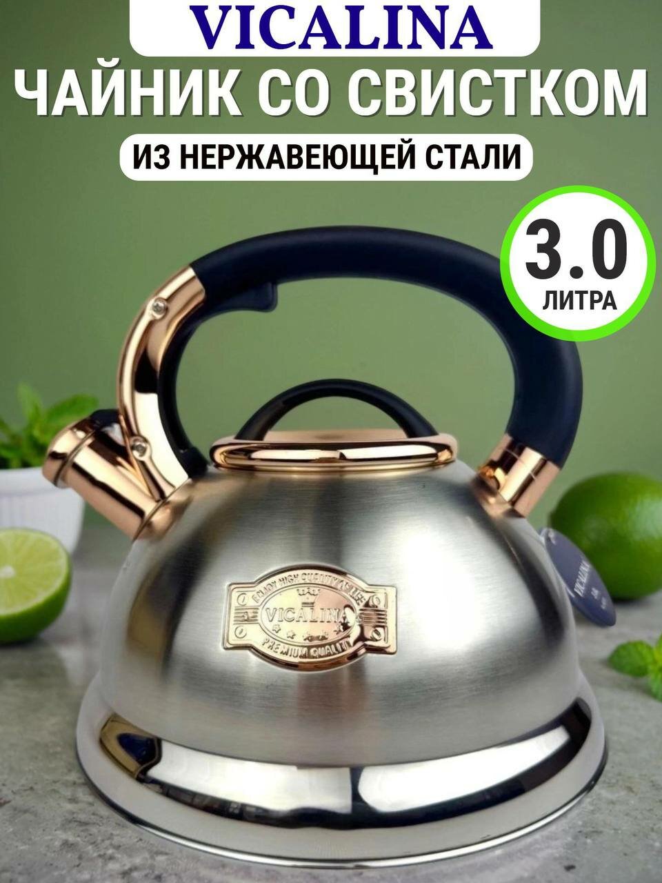 Чайник со свистком для плиты, 3л, Vicalina нержавеющая сталь