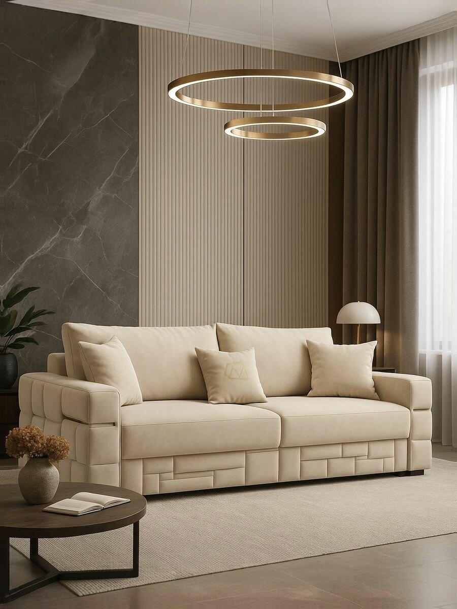 Прямой интерьерный диван NOTTE Квадро 250*110*75 см, натуральный велюр, механизм раскладной, бежевый, с молдингом, для гостинной. Cтильный и удобный диван для сна и отдыха.