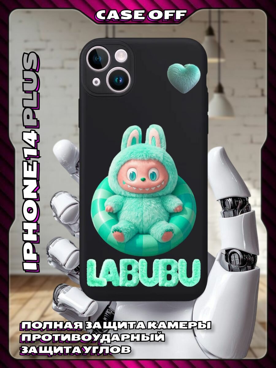Чехол ZiART (Labubu 4 / Лабубу 4) на iPhone 14 Plus силиконовый, с защитой камеры, черный