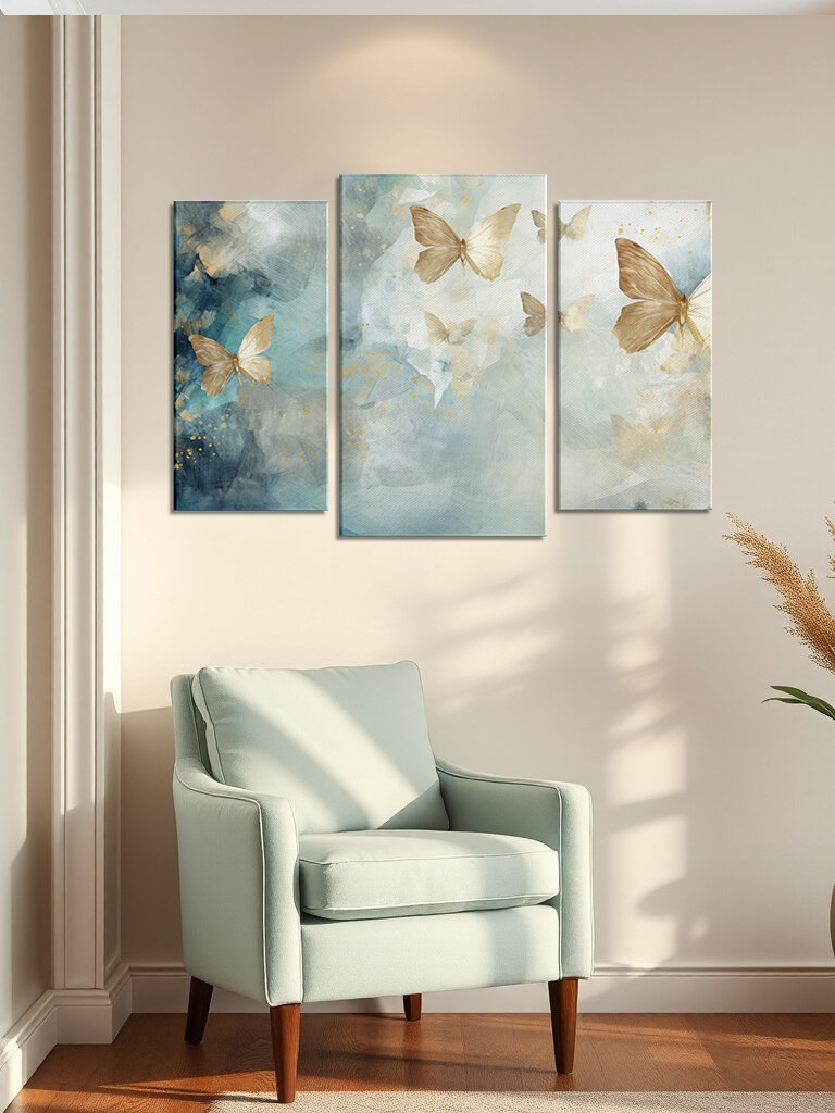 Картина модульная 100х70 см на стекле для интерьера/ Золотые бабочки , Diva Kartina