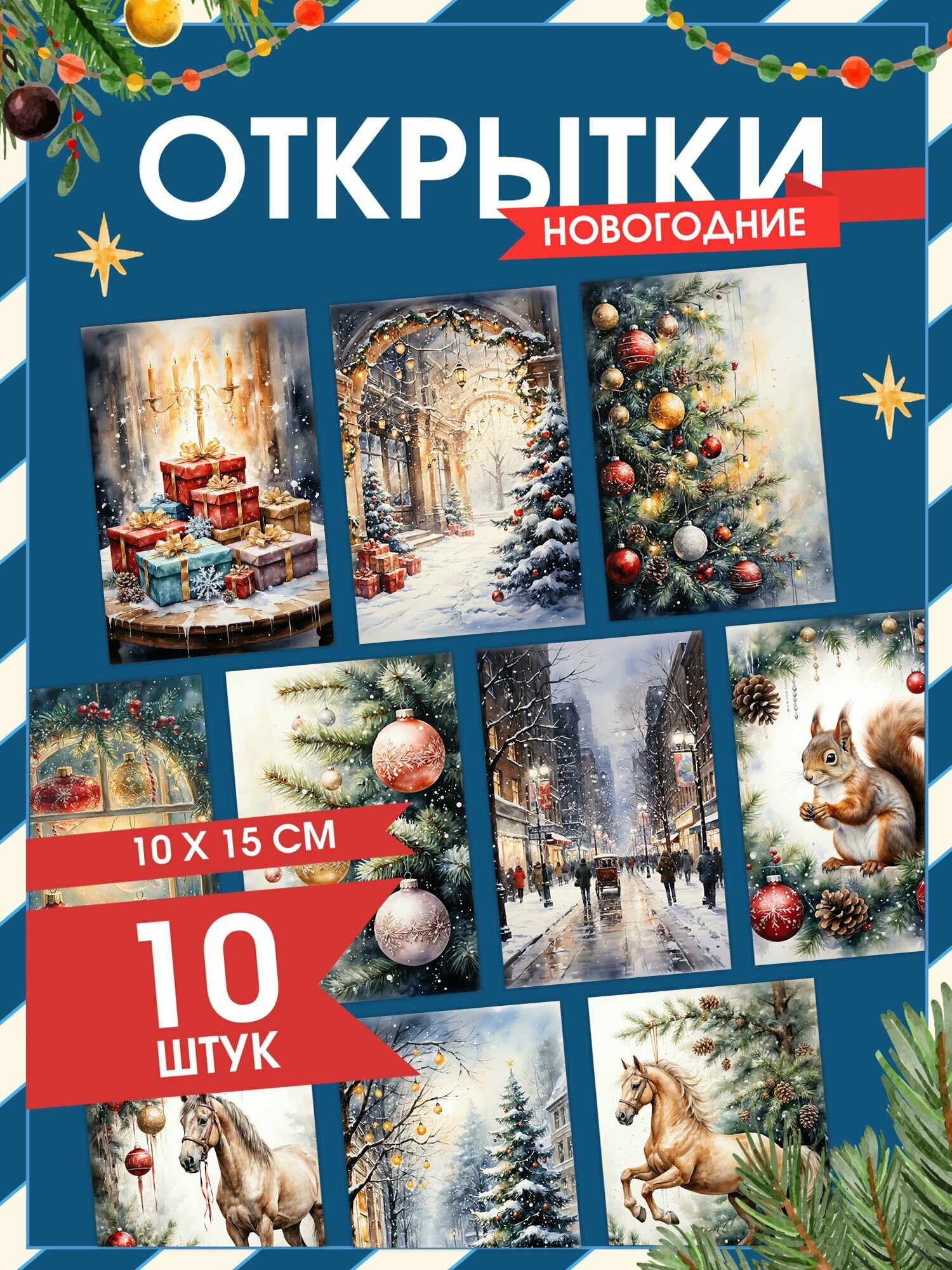 Открытки новогодние 10х15, 10 шт