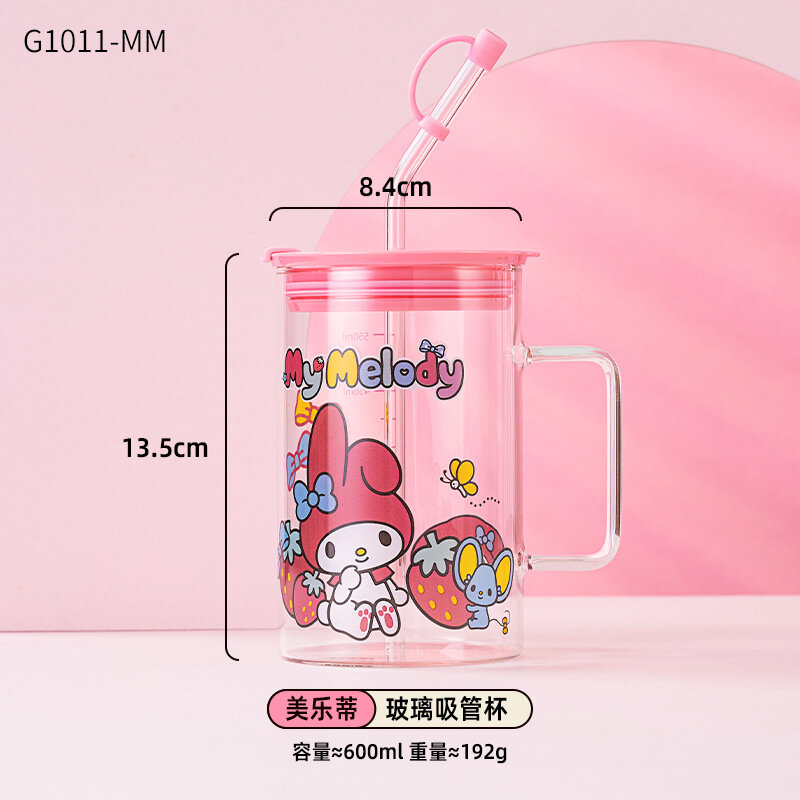 Стаканчик с трубочкой Sanrio, универсальный стеклянный стакан для напитков, стаканчик для прохладительных напитков, мерный стакан из боросиликатного стекла.
