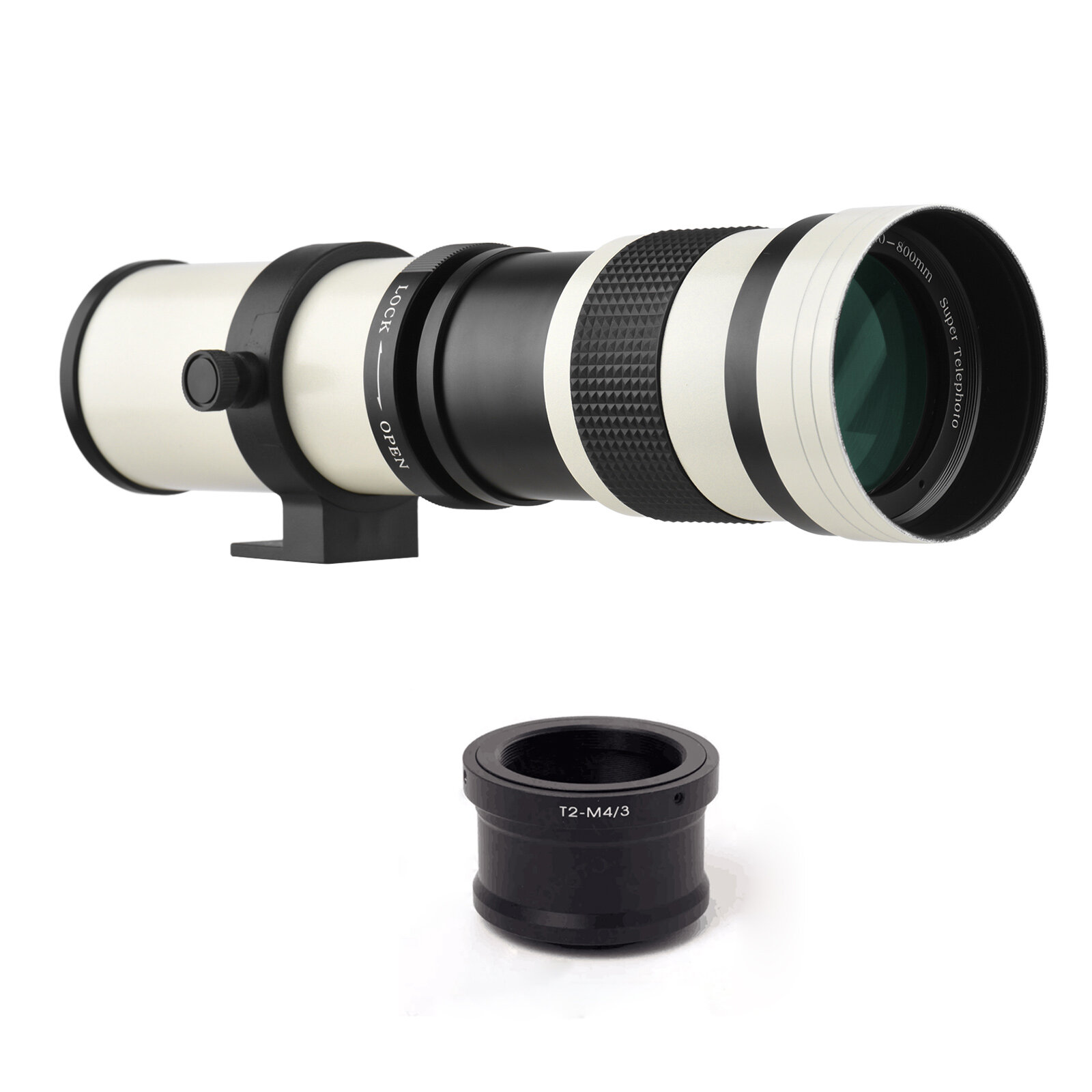 Объектив MF Супер Телефото Зум F/8.3-16 420-800mm Т2 Mount с адаптерным кольцом M4/3-mount 1/4 Thread для Panasonic G9 GH5 II GX7 GX8 GX9 GX850 G90 G91 G95 G100 E-M1 E-M5 E-M10 черный белый