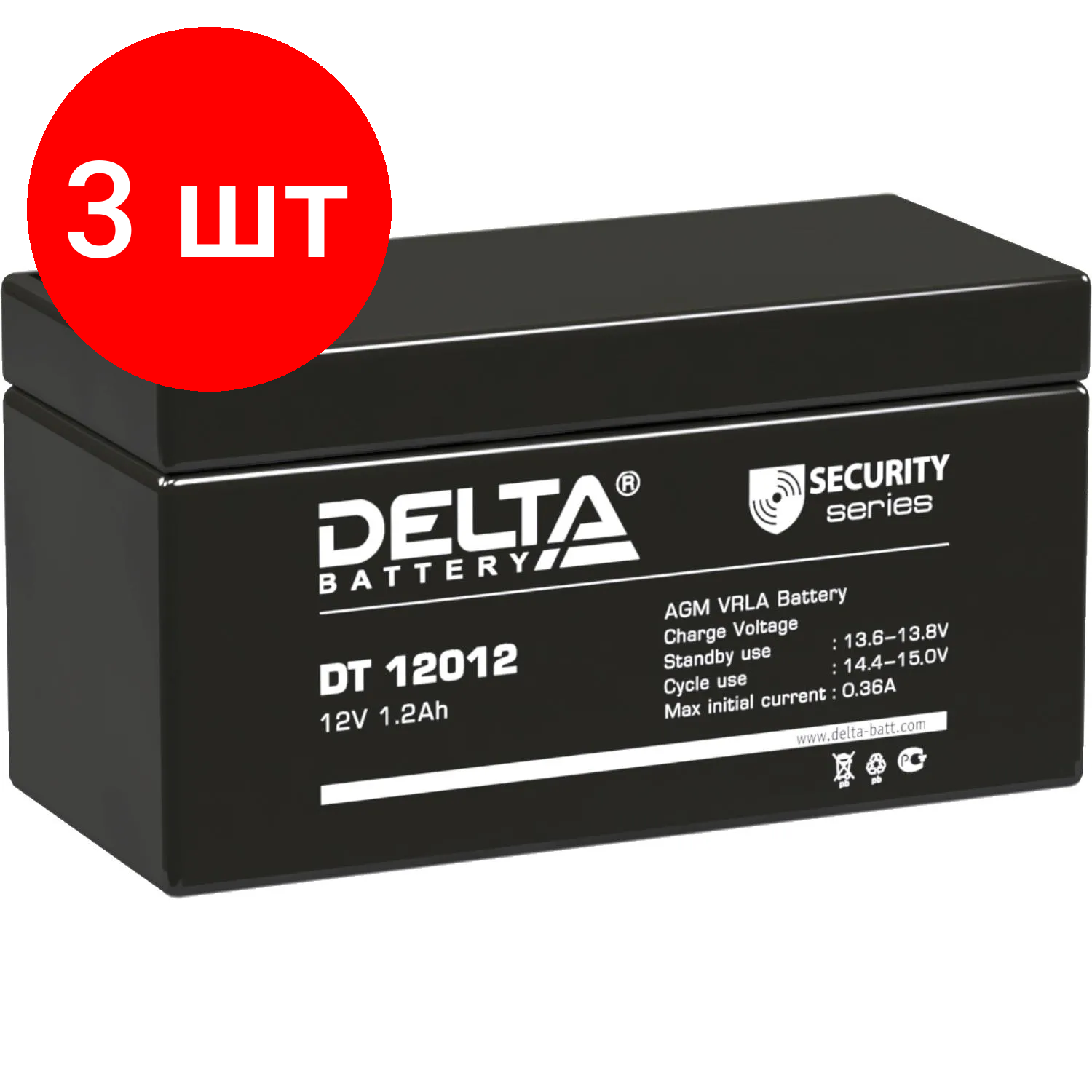 Комплект 3 штук, Батарея для ИБП Delta DT 12012 12В/1.2Ah, F1 (97x44x53мм)