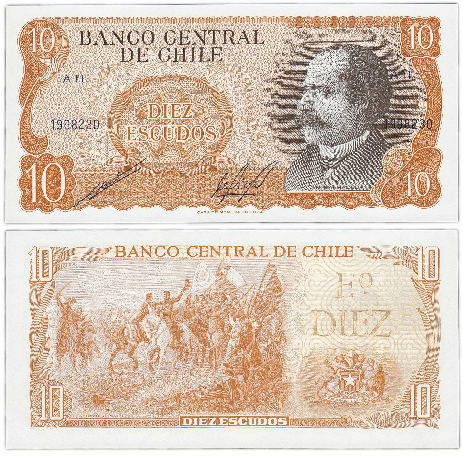 Чили - 10 песо 1967-1975 "Эль Абразо де Майпу" P-1432