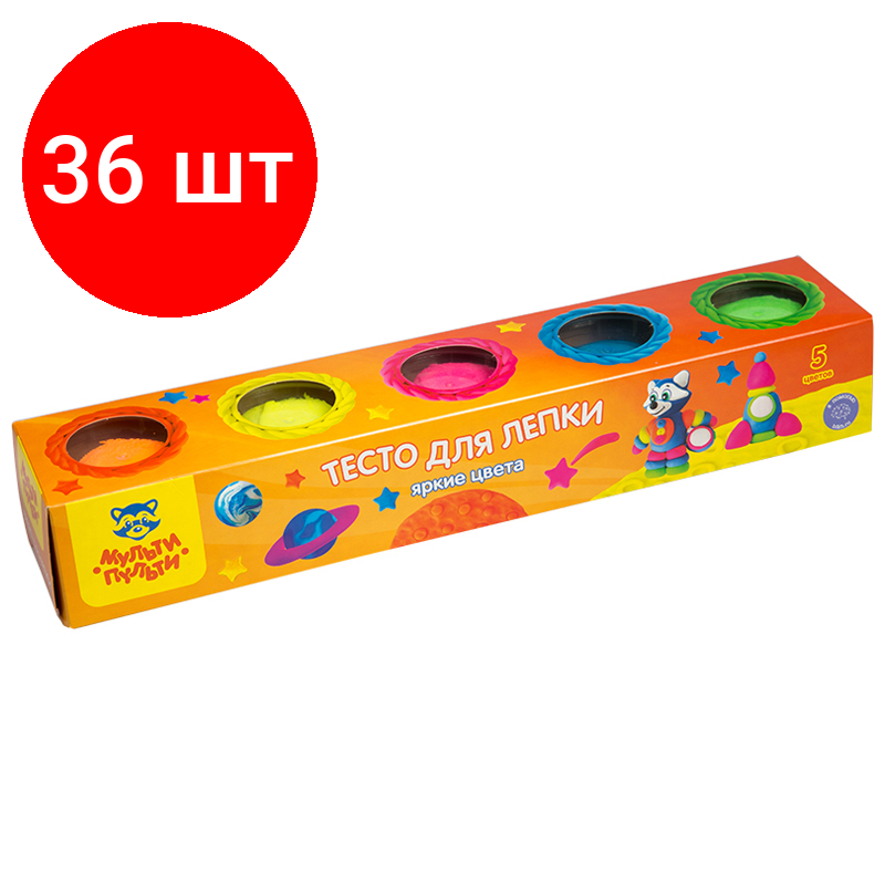 Комплект 36 шт, Тесто для лепки Мульти-Пульти "Енот на Луне", 05 цветов*90г, неоновые цвета, картон