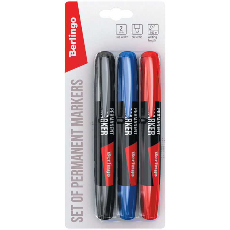 4 шт. Набор перманентных маркеров Berlingo "Multiline PE200" 03цв, пулевидный, 2,0мм, европодвес