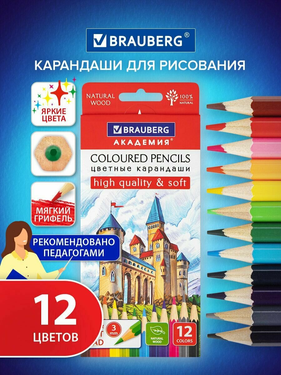 Карандаши цветные, художественные для рисования деревянные мягкие Академия, 12 цветов, шестигранные, грифель 3 мм художественные карандаши цветные карандаши для рисования шестигранные карандаши 12 цве
