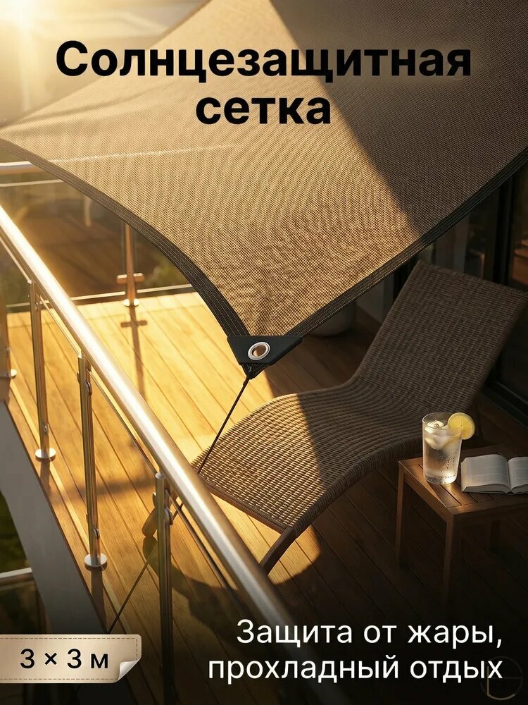 Солнцезащитная затеняющая сетка для дачи и балкона, 3х3 м, усиленный край с люверсами, кофейный/коричневый