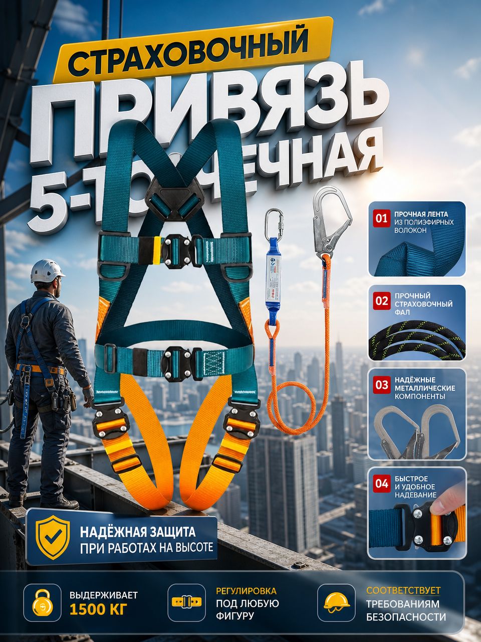 Страховочный пояс для высотных работ с двумя большими синими крюками