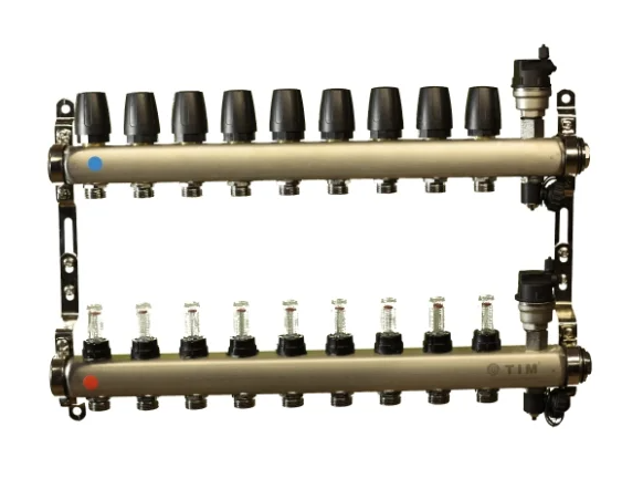 Коллекторная группа с расход. без кранов 9 вых. 1"х3/4" нерж (комп. возд-к, дрен. кран) TIM KCS5009