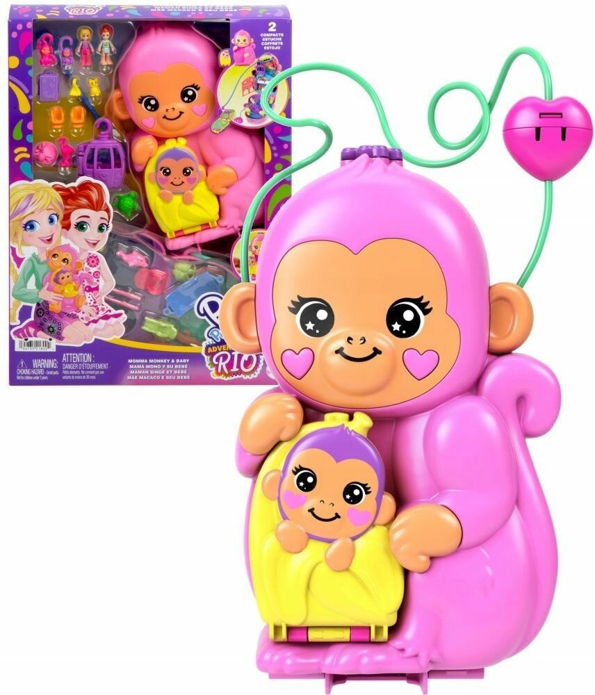 Фигурки Mattel Polly Pocket - Игровой набор Компактная сумка Monkey Обезьянка с куклами и аксессуарами - Полли Покет HWP04