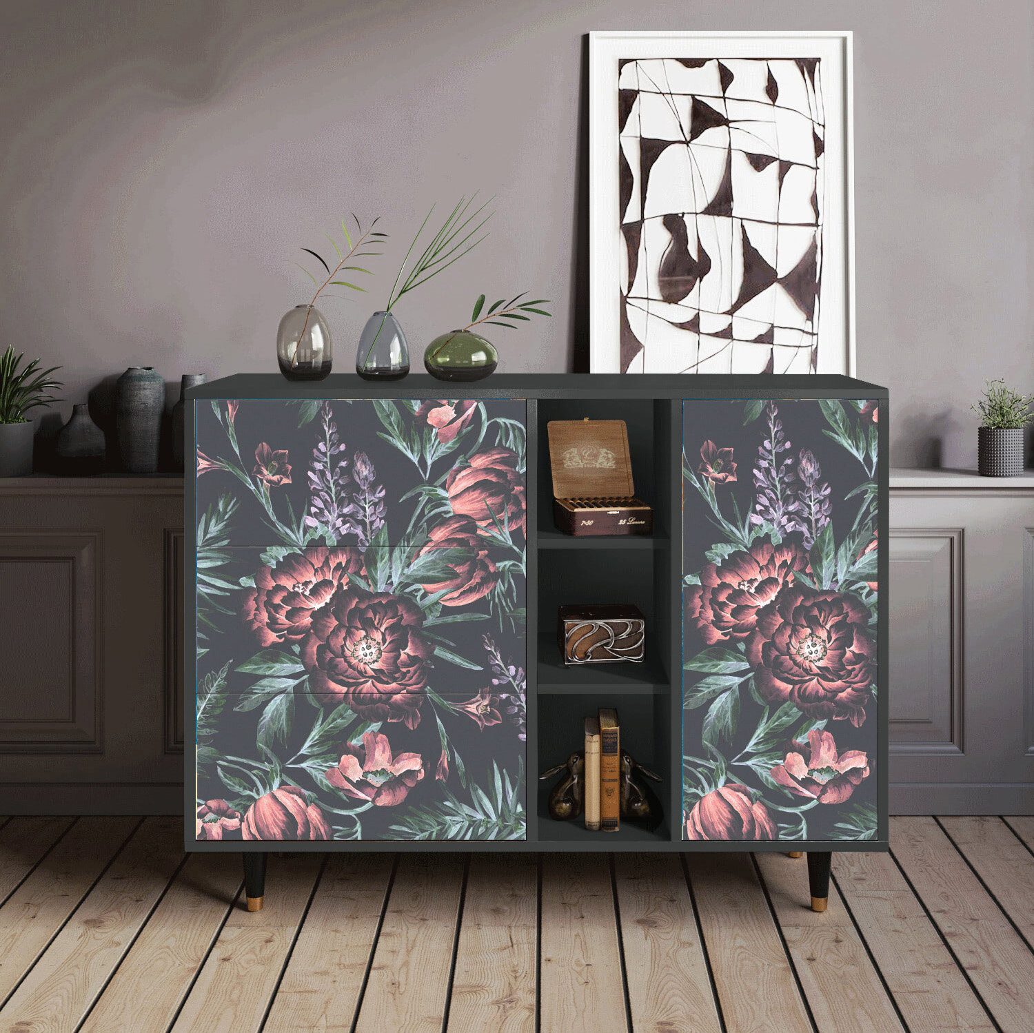 Комод - STORYZ - BS2 Dark Peonies, Разер - 125 x 97 x 48 см , Цвет корпуса - Антрацит