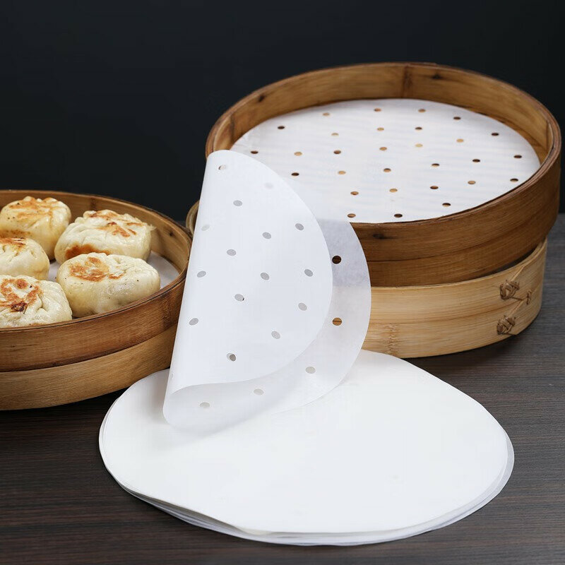 Fangcaodi Steamer Paper 100 Sheets, Disposable Steaming Paper for Buns, Mantou, Xiaolongbao, Non-Stick Paper Liner, Steamer Tray Paper, Diameter 27CM