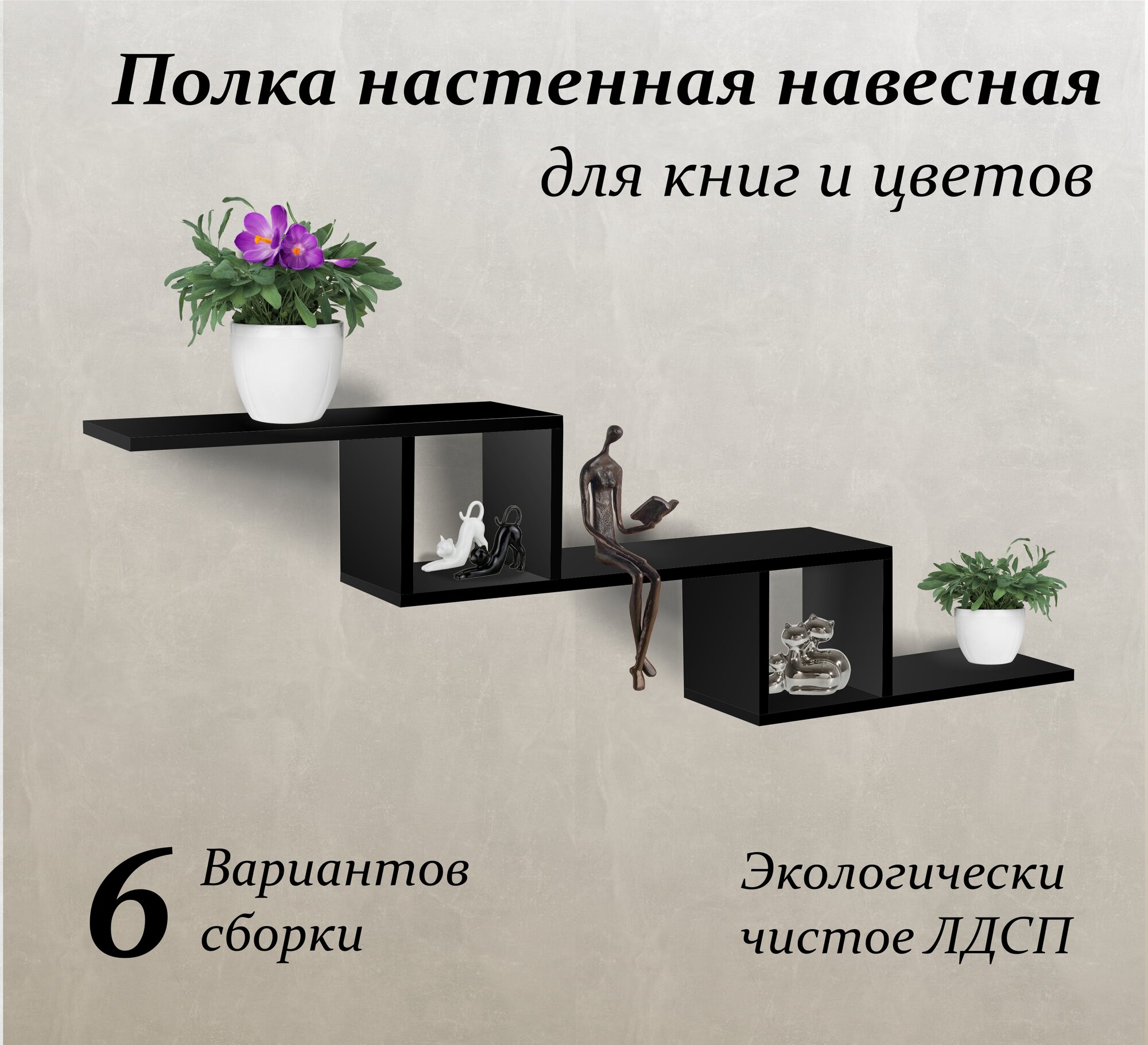 Полка настенная навесная для книг и цветов черная
