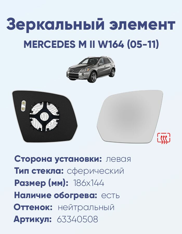 Зеркальный элемент левый MERCEDES M II W164 (05-11) сфера нейтральный с обогревом