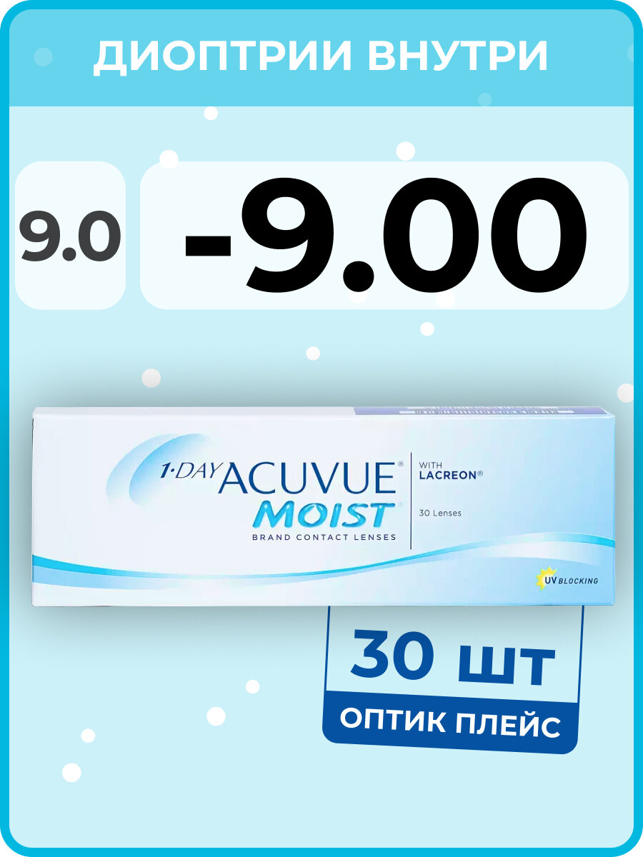 Контактные линзы ACUVUE 1-Day Moist (30 линз) -9.00 R 9.0, однодневные, прозрачные