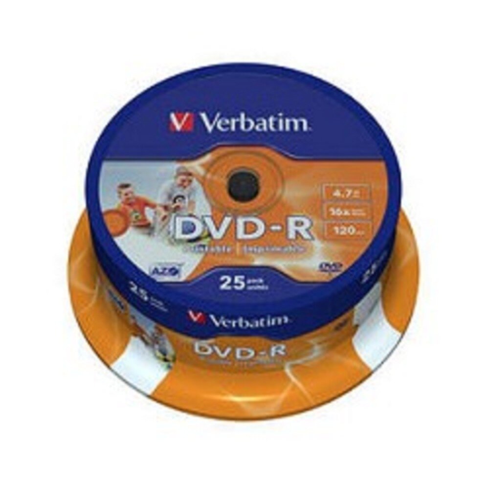 Оптический диск DVD-R Verbatim Диск DVD-R 4,7Gb 16x Cake Box Printable (25шт) (43538)