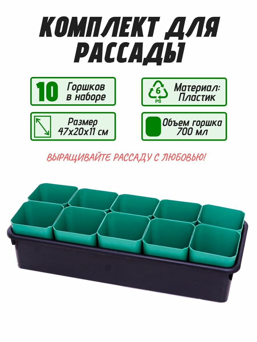 Горшки для рассады, 10 штук + ящик 47х20х11 см: благодаря съемному дну вынимать кустик рассады из горшка можно легко и просто, при этом не повреждая корневую систему