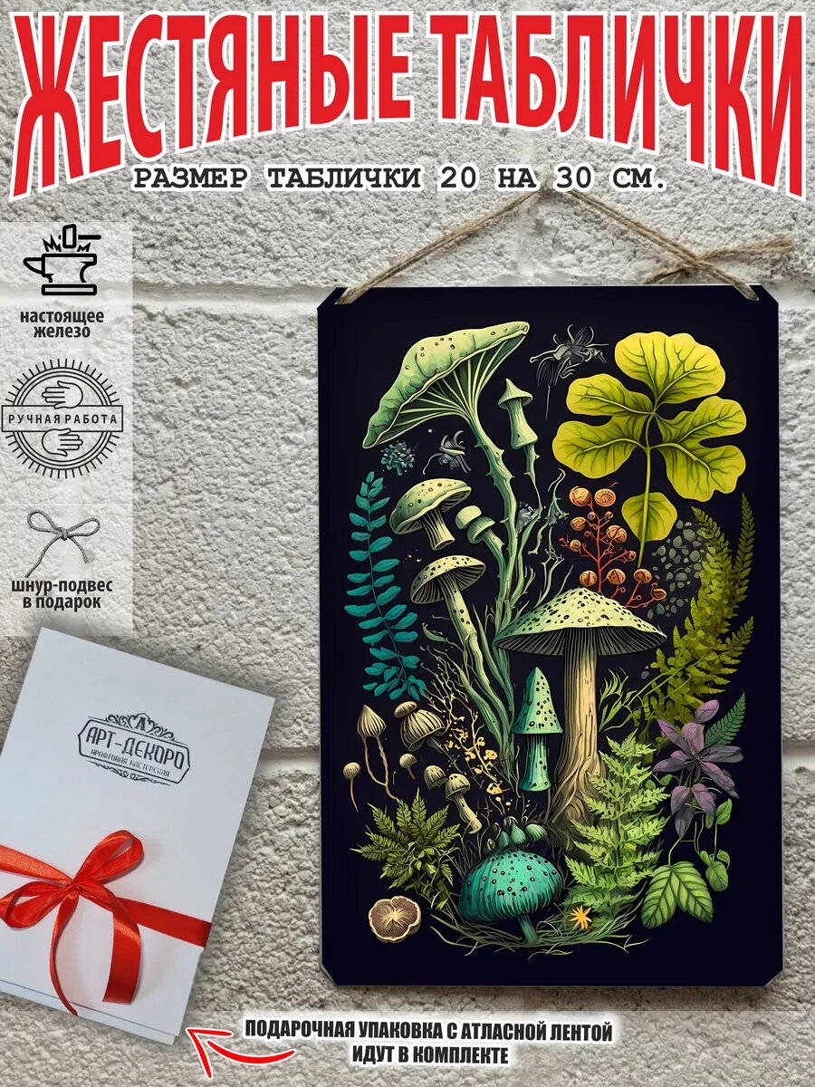 Картина на стену, постер на стену Грибы 20 на 30 см, шнур-подвес в подарок