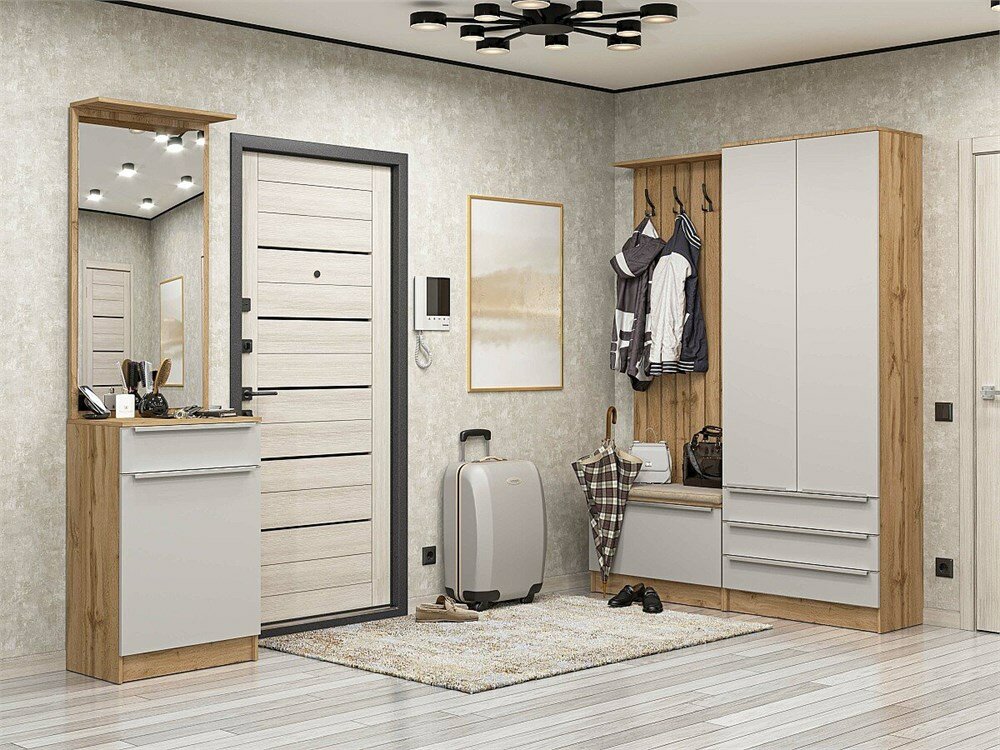 VVT Прихожая Стиль-04, каркас ЛДСП Дуб Вотан, фасад МДФ Silky Light Grey, 2110*2200*380 Silky Light Grey