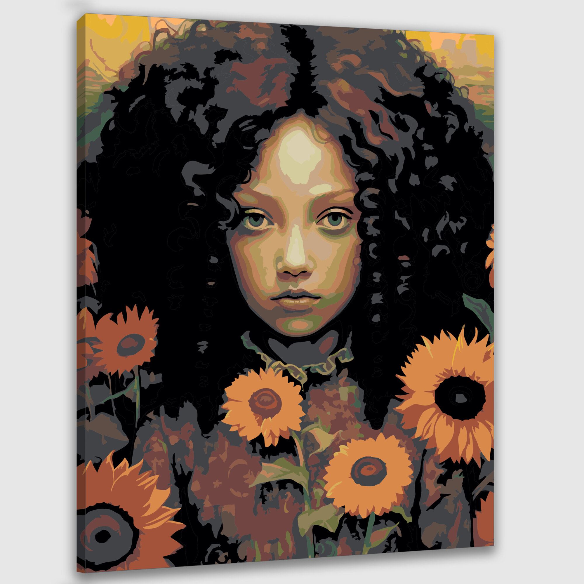 Картина по номерам 40x50 см, картина, масло, девушка, цветы, волосы, лицо, таинственность, самоанализ, поле, подсолнухи