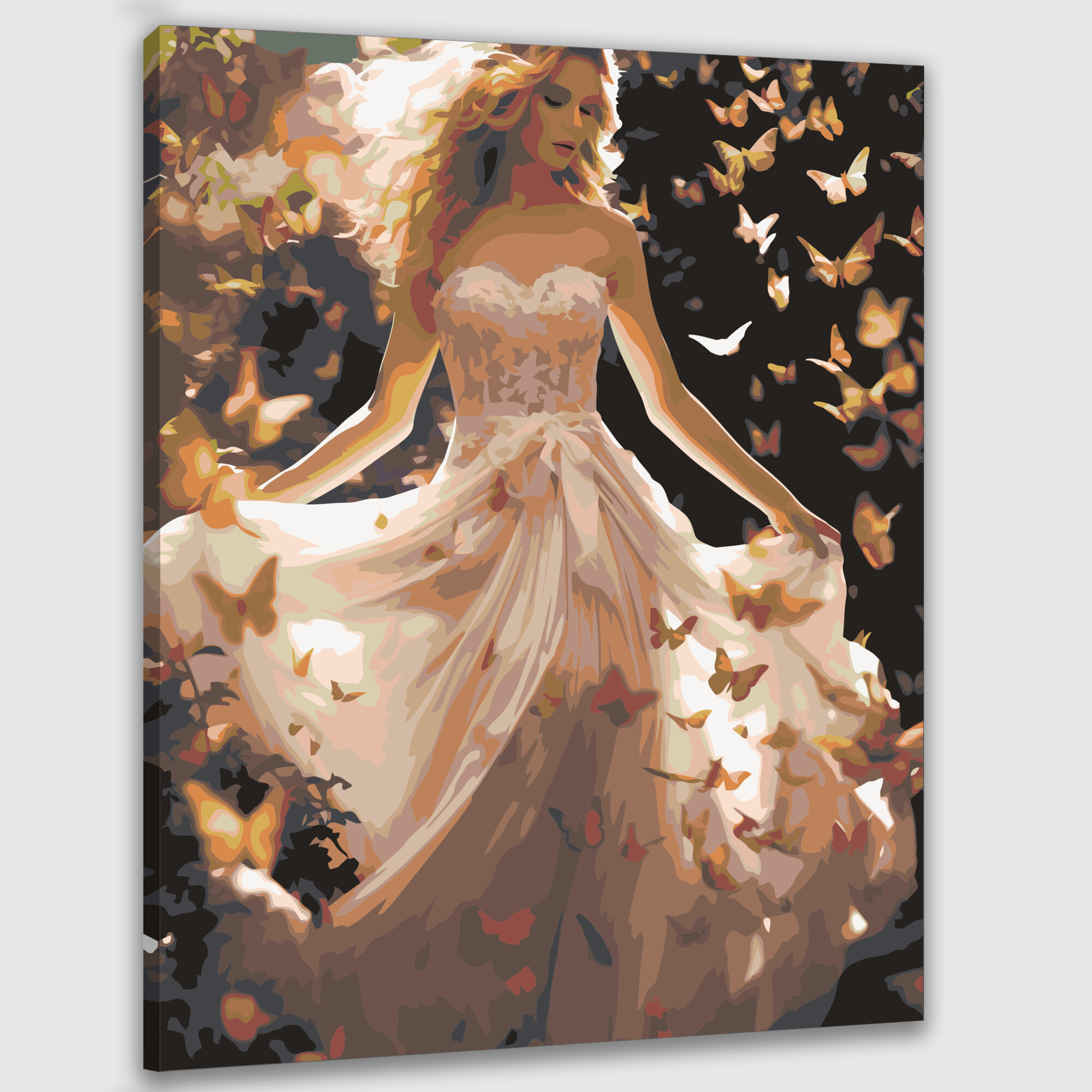 Картина по номерам 40x50 см, фотография, сад, женщина, волосы, платье, бабочки, крылья, атмосфера, танец, природа