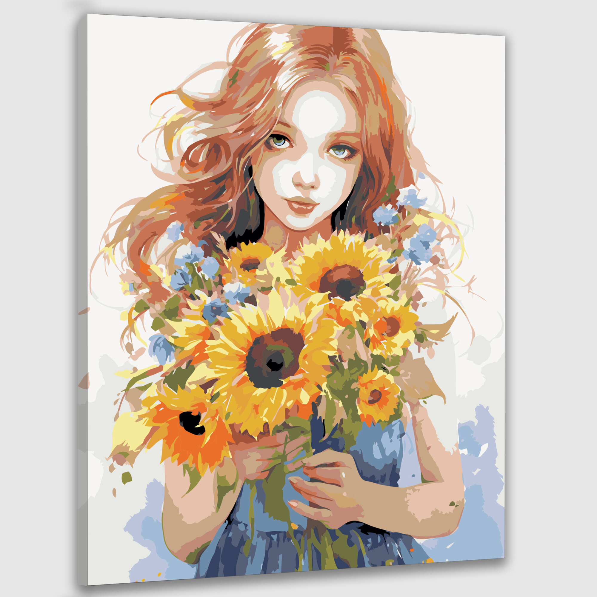 Картина по номерам 40x50 см, девушка, акварельная иллюстрация, цветастое платье, букет подсолнухов, ярко-голубое небо