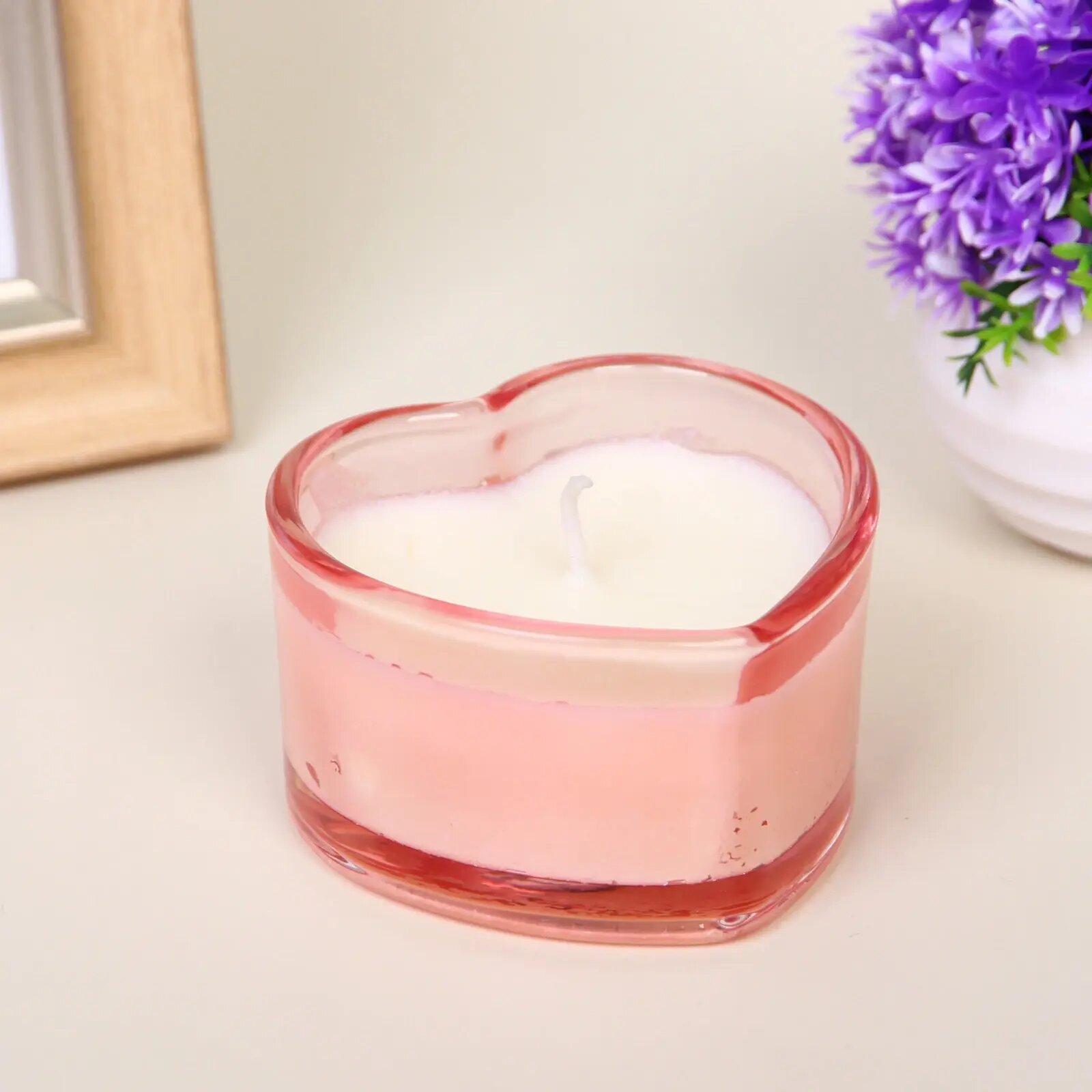 Свеча в стеклянном стакане форма сердца, розовый оттенок, парафин 8x4.8см