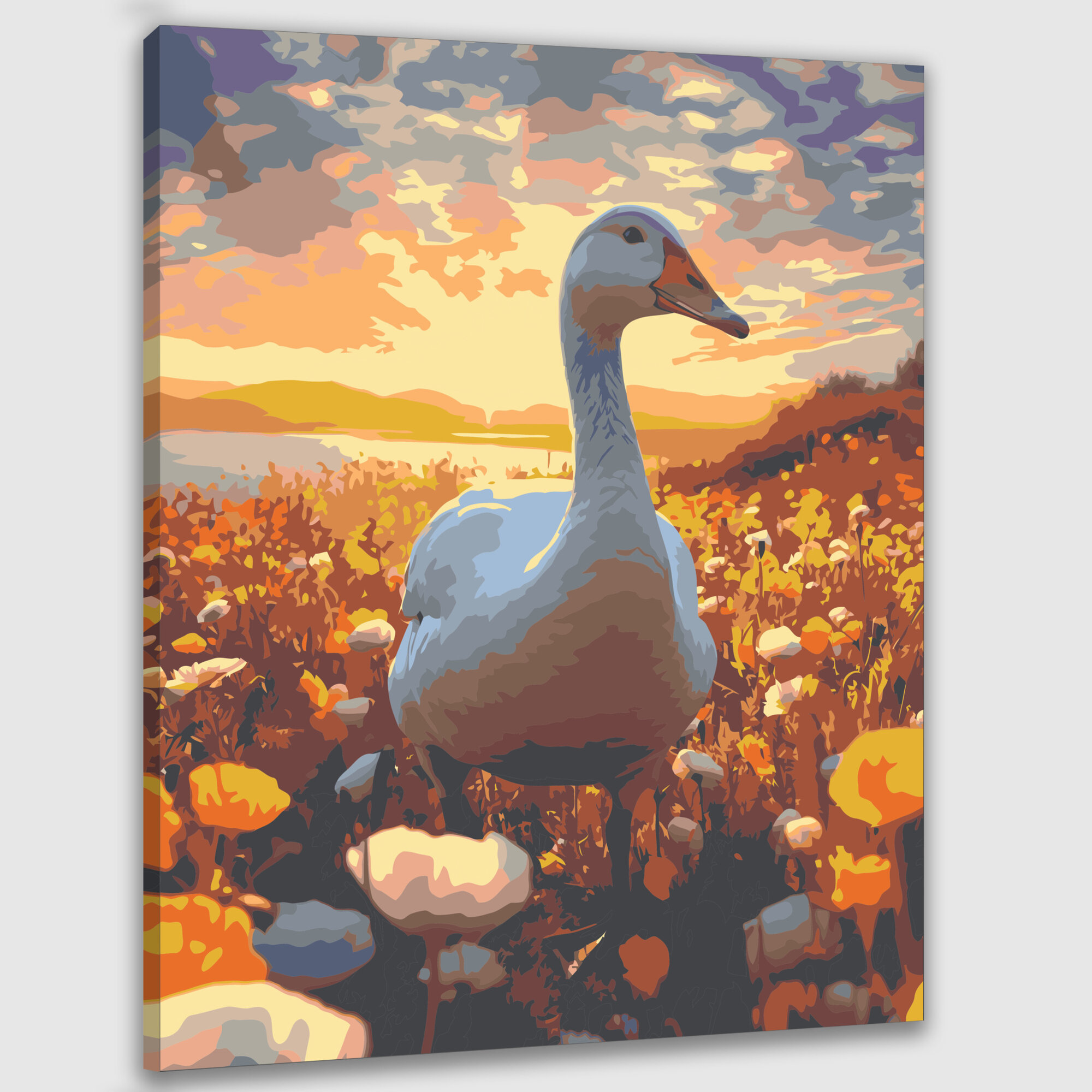 Картина по номерам 40x50 см, гусь, белые перья, зеленая трава, яркие цветы, мягкое сияние, сложные детали