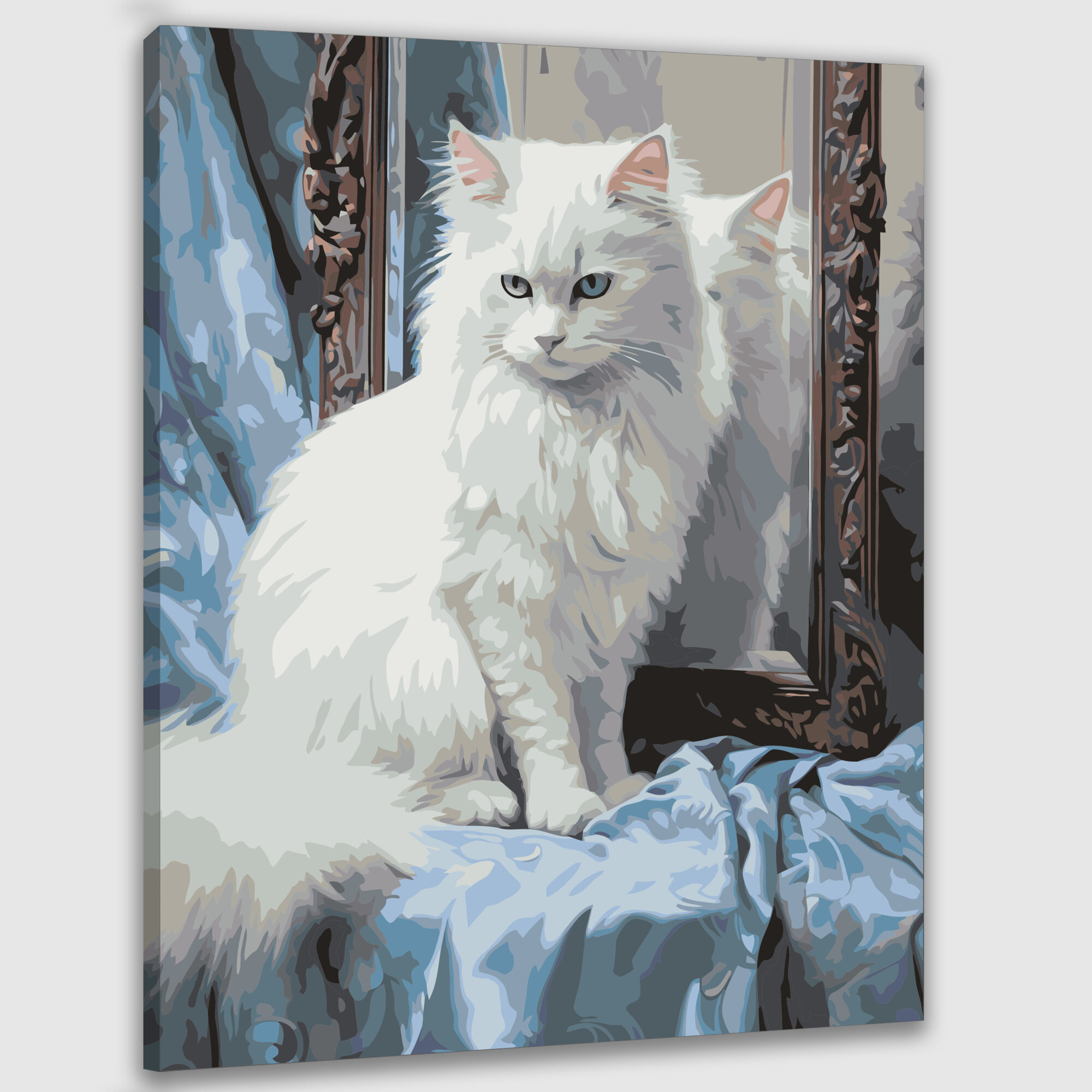 Картина по номерам 40x50 см, акварельная иллюстрация, белая кошка, серебряное зеркало, голубые глаза, отражение