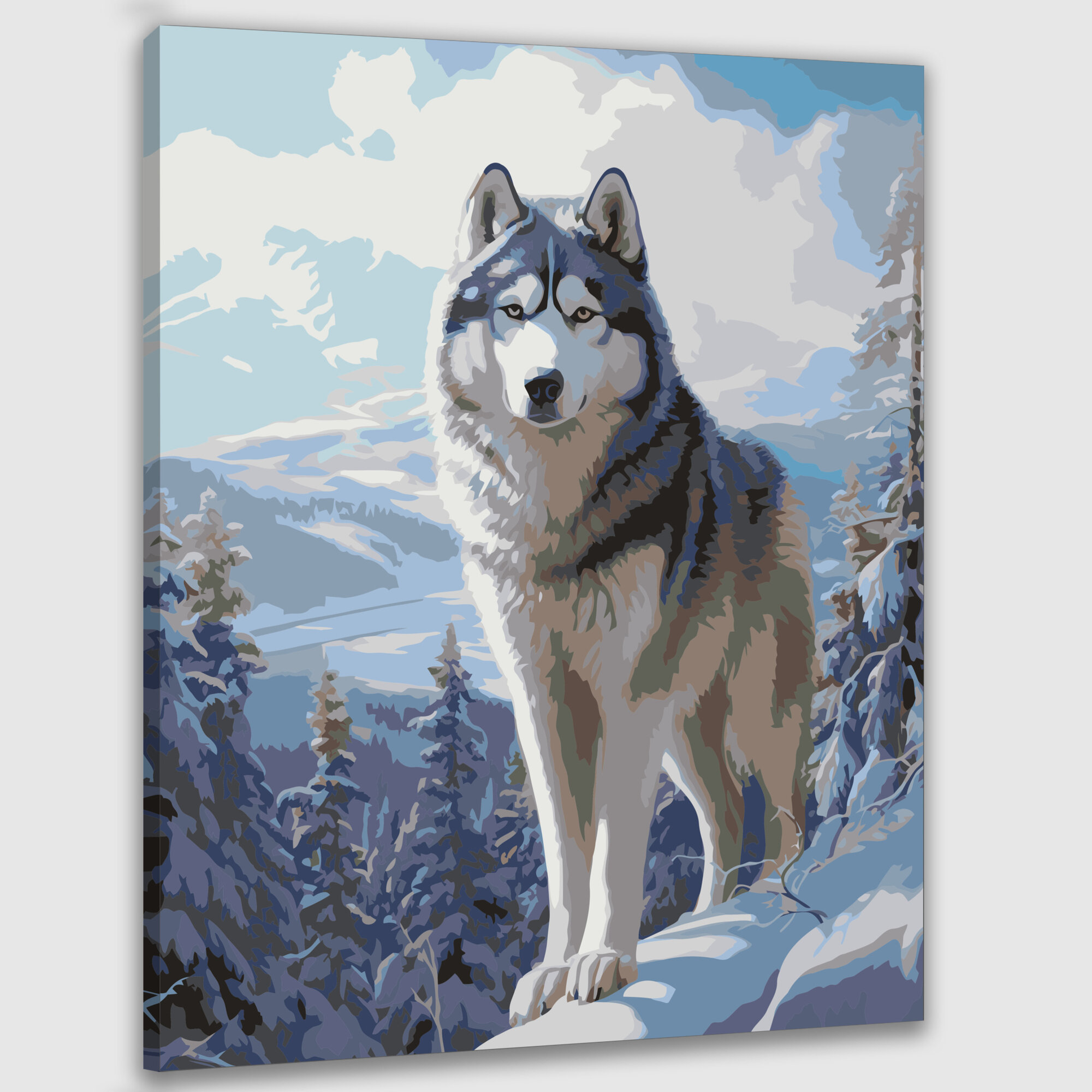 Картина по номерам 40x50 см, картина, масло, хаски, заснеженный пейзаж, густая шерсть, нежные снежинки