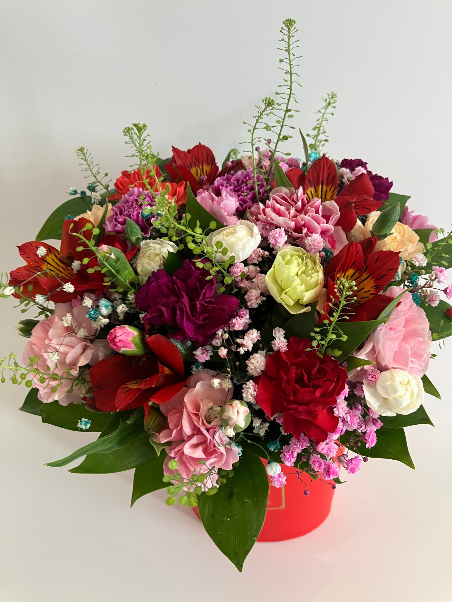 Букет композиция из кустовых гвоздик микс, с красной альстромерией, в красной коробке Мейсон