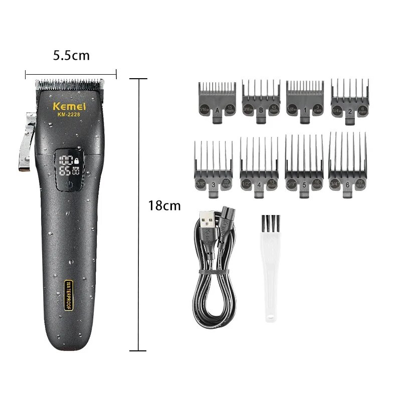 Электротриммер для волос Kemei , 10Вт, быстрая зарядка, водонепроницаемый, 8 насадок