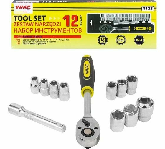 Набор головок с трещоткой и удлинителем 12 предметов 1/2'(6гр) WMC TOOLS
