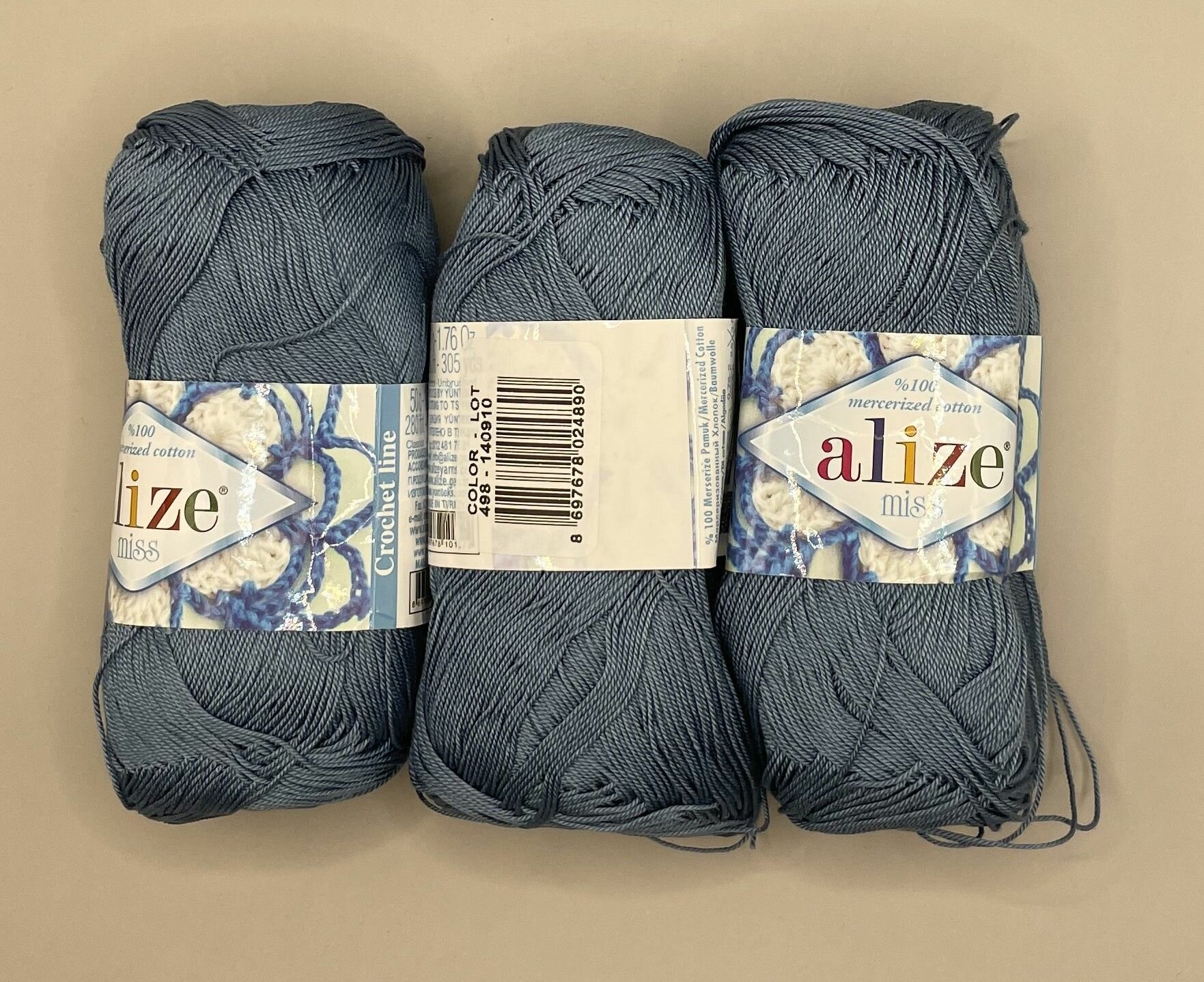Три мотка пряжи Alize Miss, №498-джинса, 50гр.-280м,100%-хлопок мерсеризированный, уп.-3 мотка