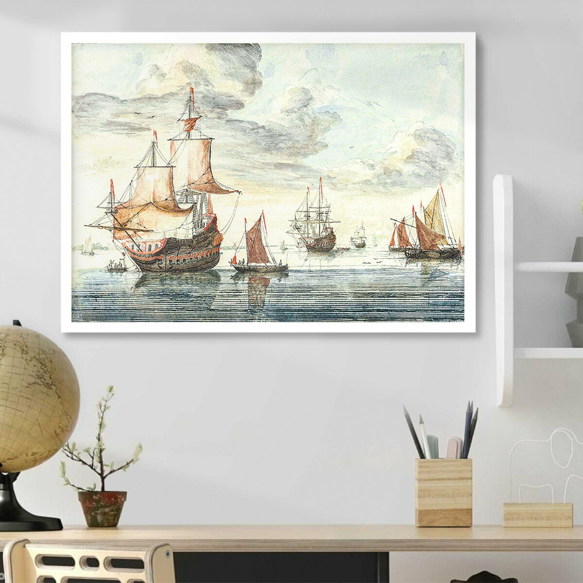 Постер "Корабли морской пейзаж репродукция " 40х50 см в белой рамке на стену для интерьера