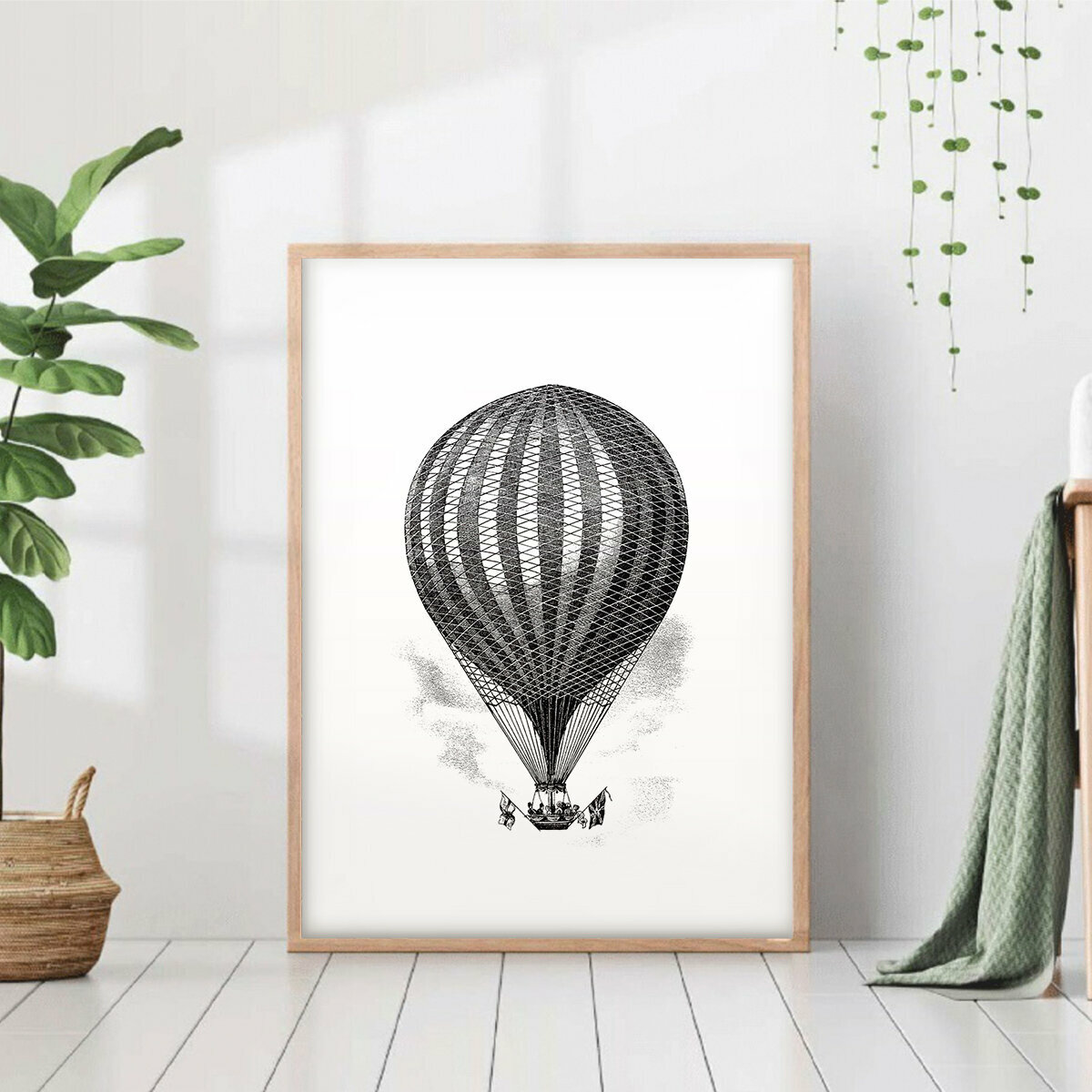 Постер "Воздушный шар черно-белый рисунок" без рамы 40x50 см на стену для интерьера