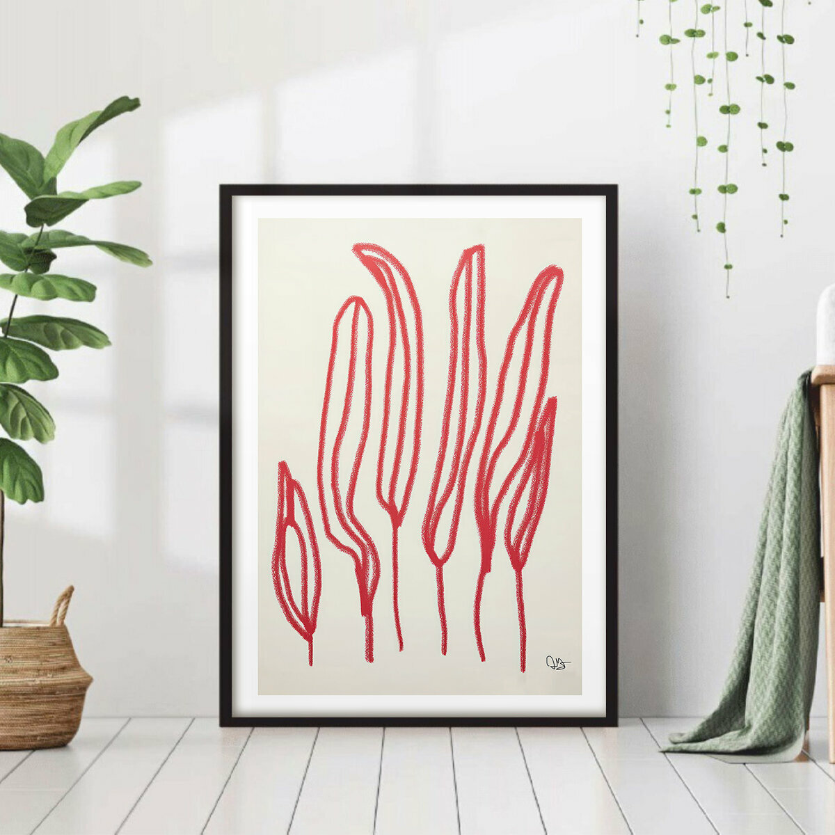 Постер "Абстракция красные растения репродукция" 50x70 в черной рамке для интерьера на стену