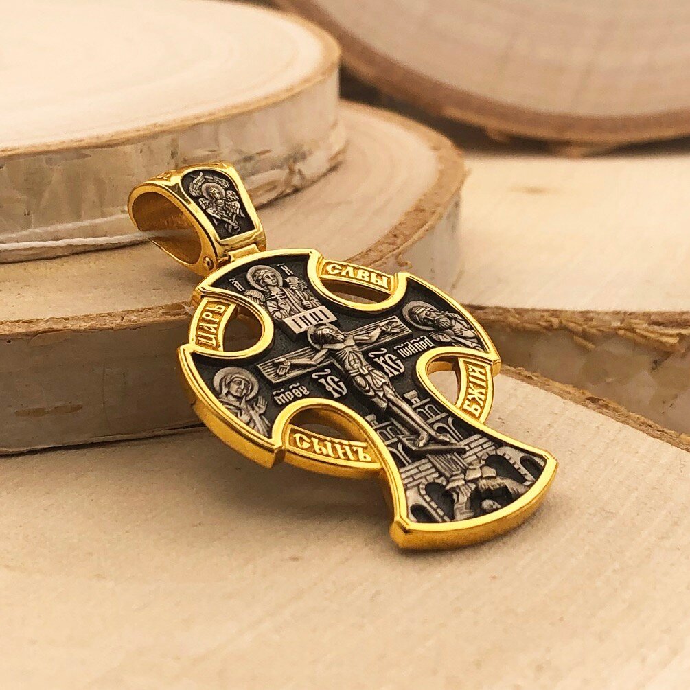 Крестик Русские Мастерские, серебро, 925 проба, оксидирование, золочение, чернение